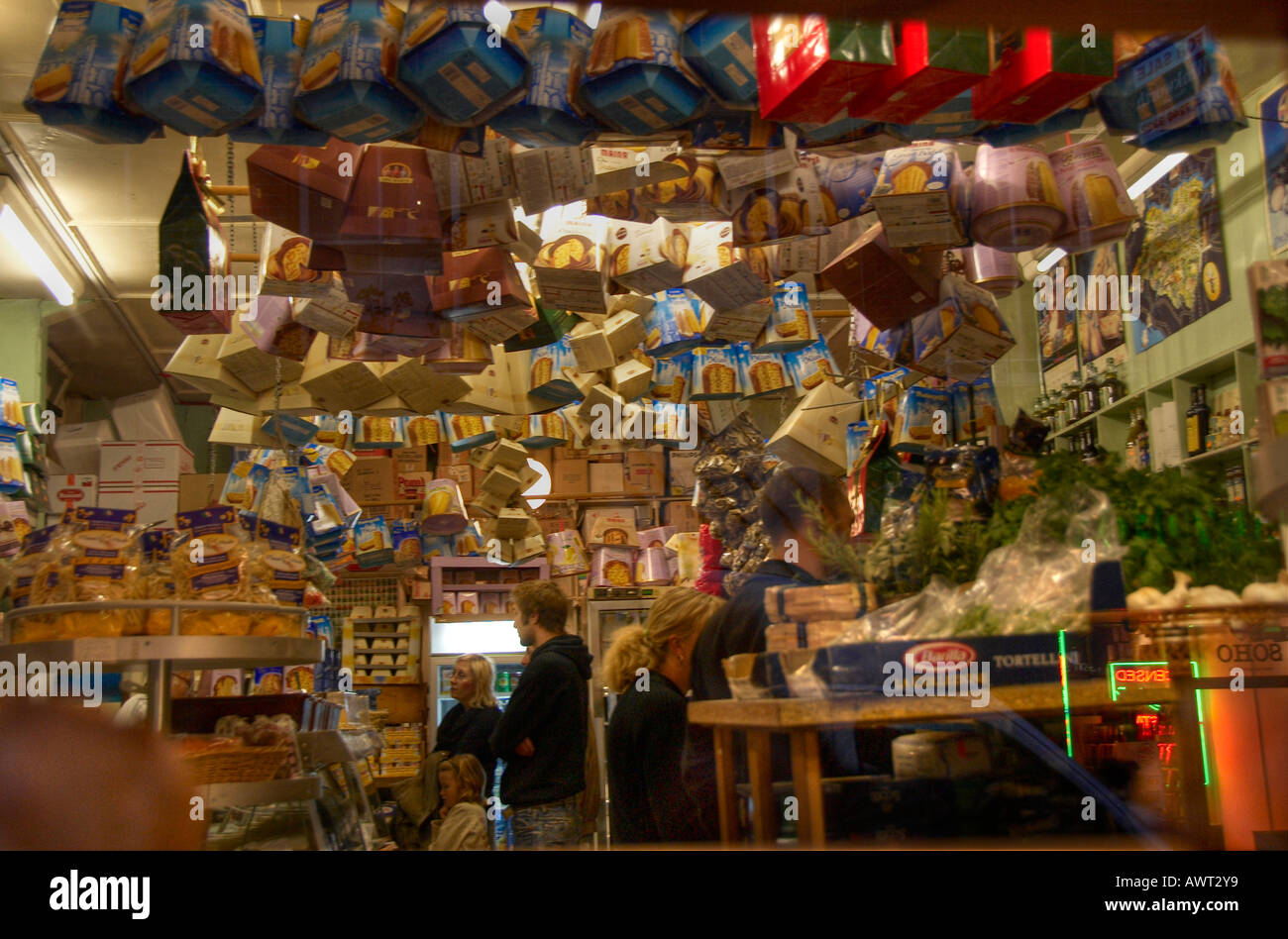 Boxes of Panettone hanging in an Italian delicatessen store in Soho ...