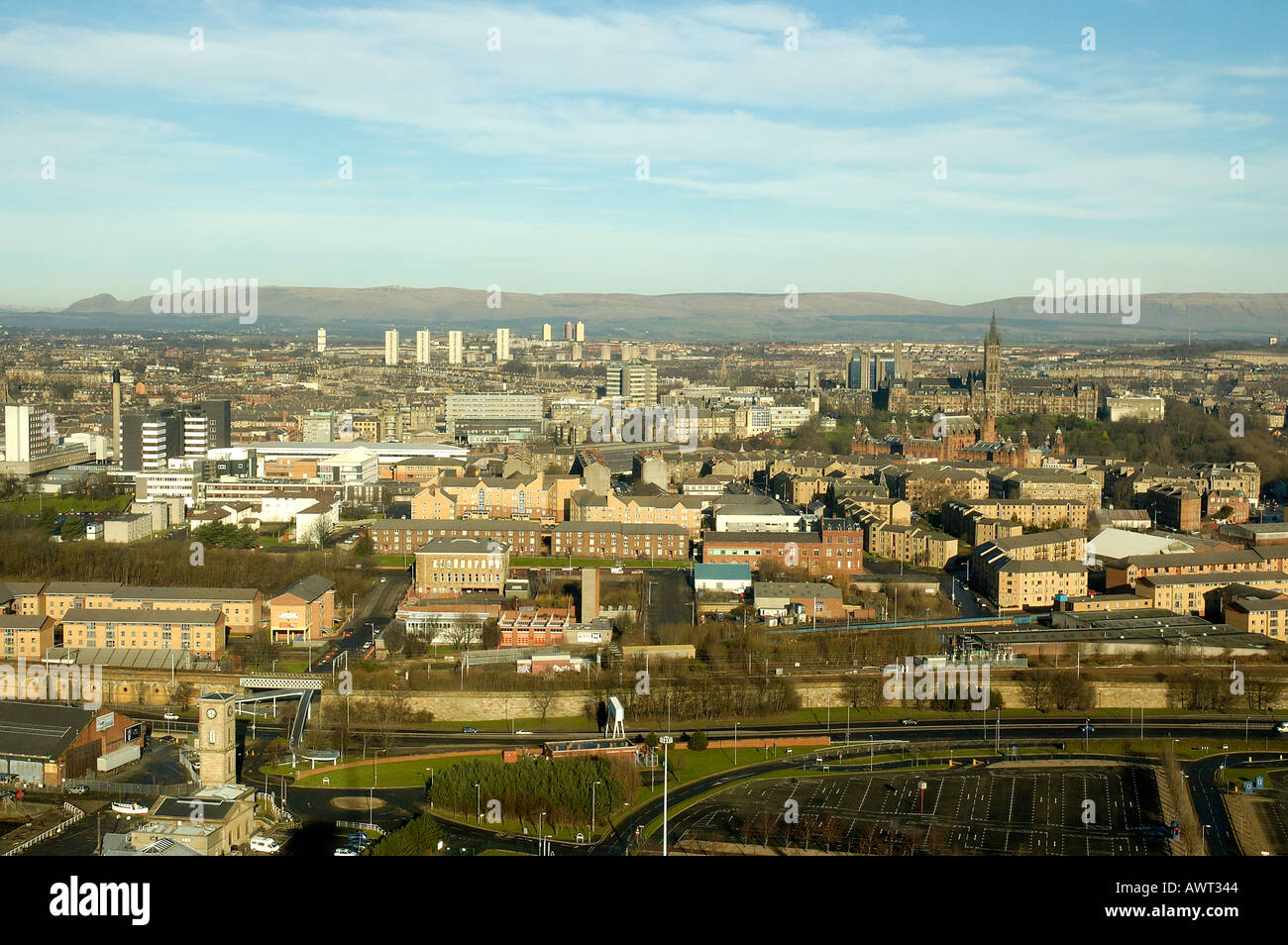 ariel view of west glasgow showing glasgow university tower and sick ...