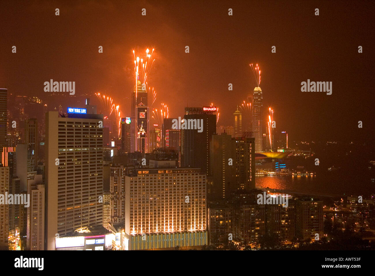 dh CAUSEWAY BAY HONG KONG Christmas New Year firework skyscraper roof ...