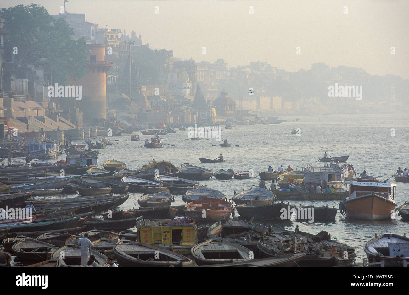 India Varanasi View over the Ghats which leads to the Ganges river ...