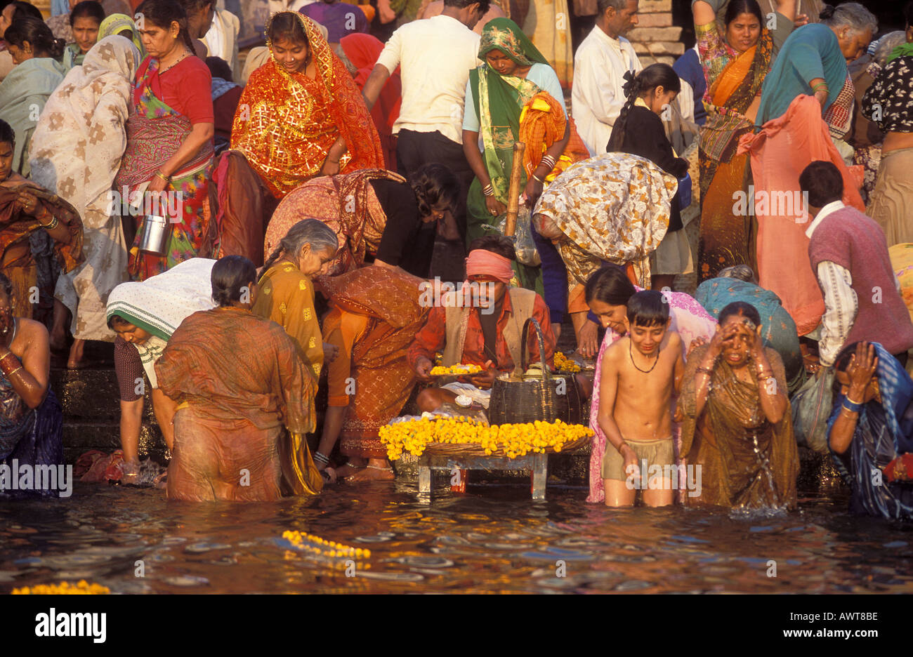 India Varanasi Hindu pilgrims washing in the holi Ganges river Stock ...