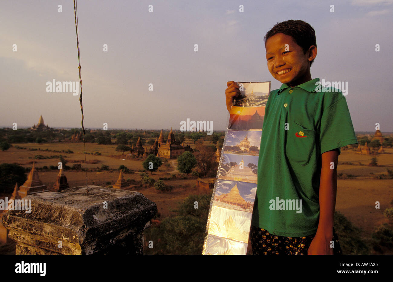 myanmar bagan local kid sells postcards at the temple complex area of ...
