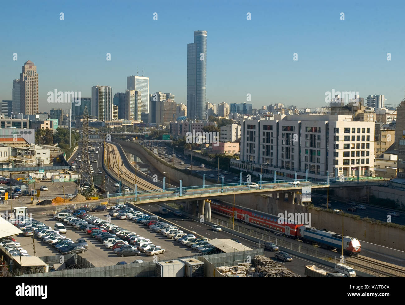 Israel Tel Aviv skyline view onto Ayalon freeways and train with Ramat ...
