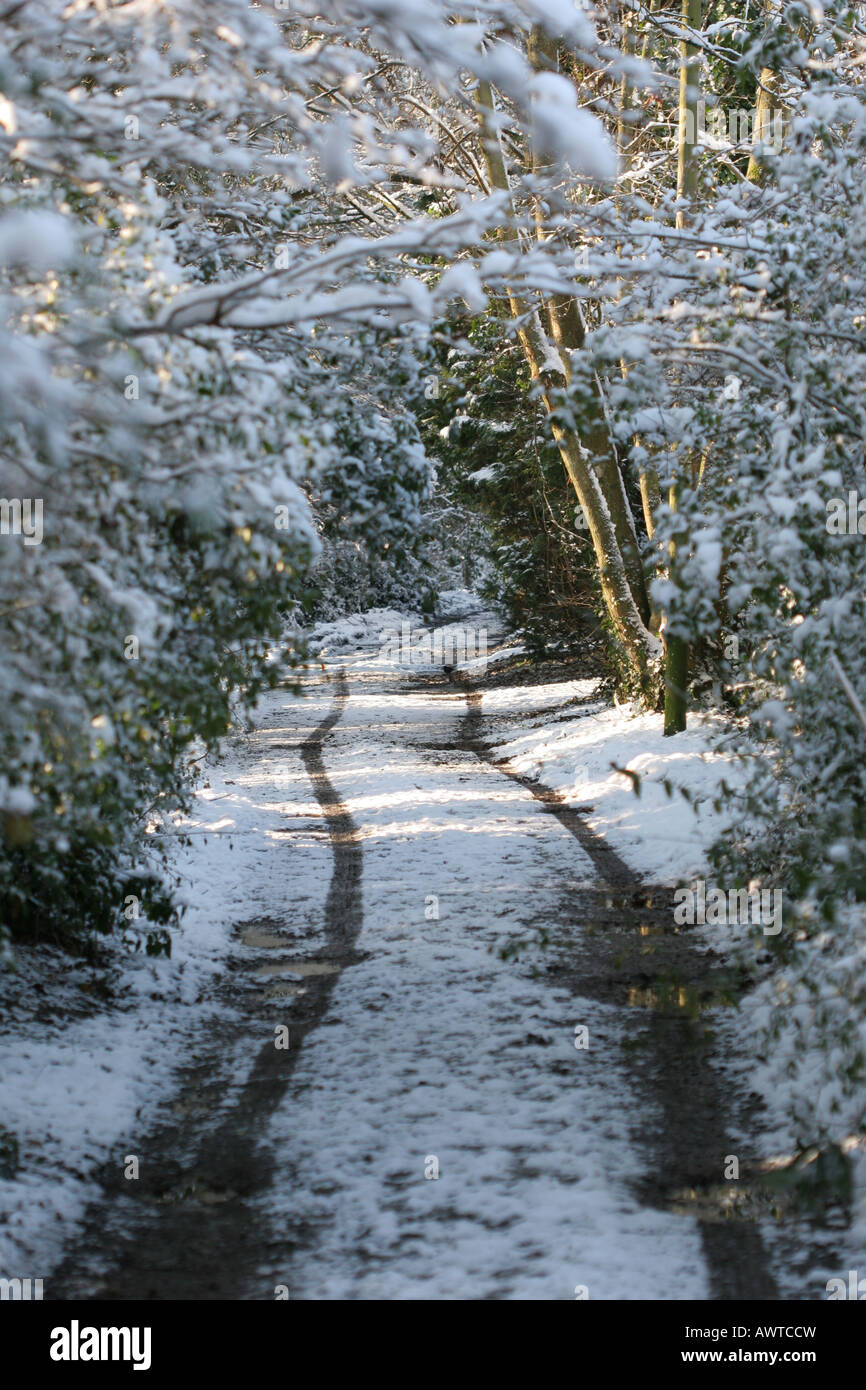 View down a snowy British country lane during winter Stock Photo - Alamy
