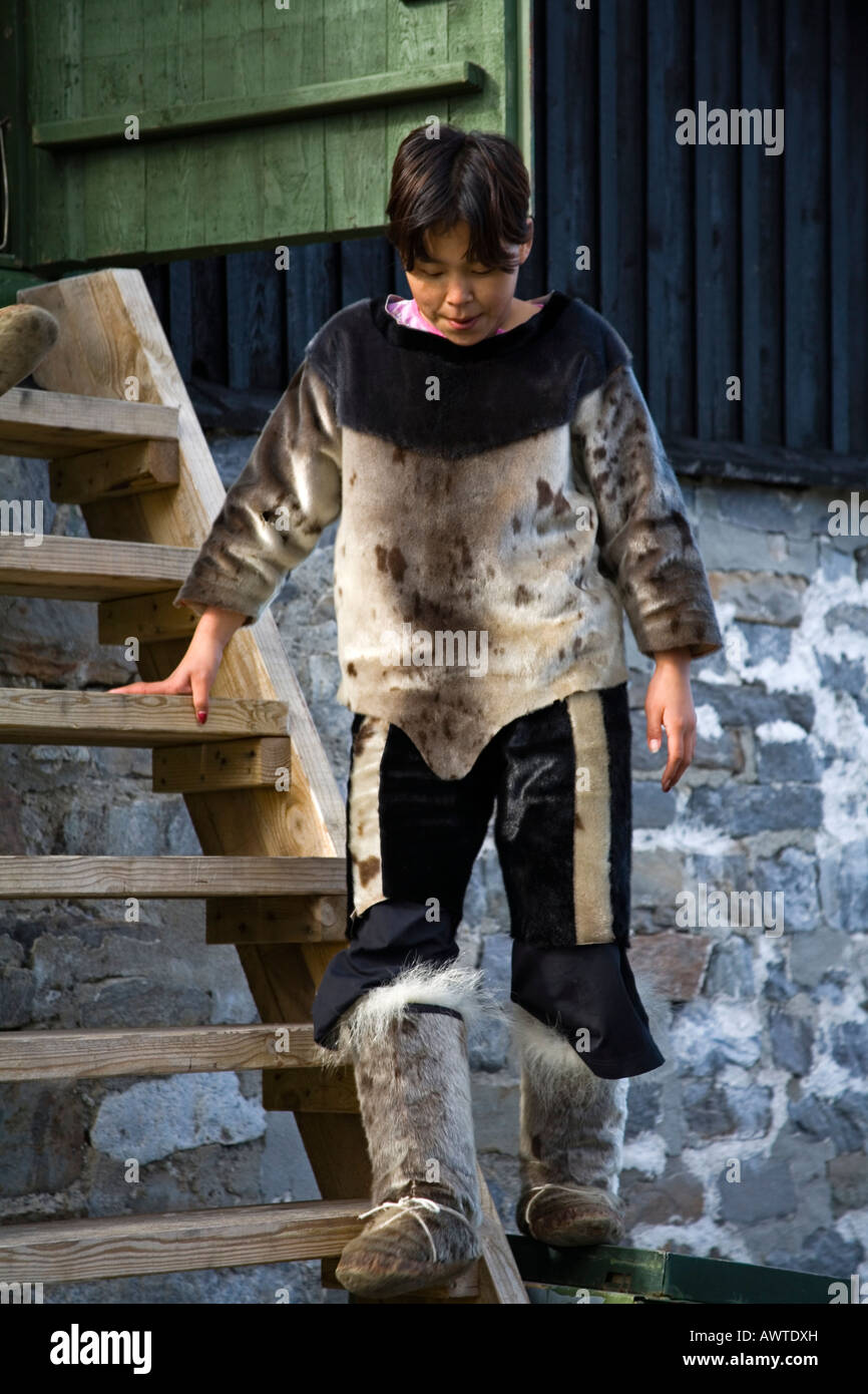 Native girl wearing seal skin clothing, Nanortalik Museum, Qoornoq ...