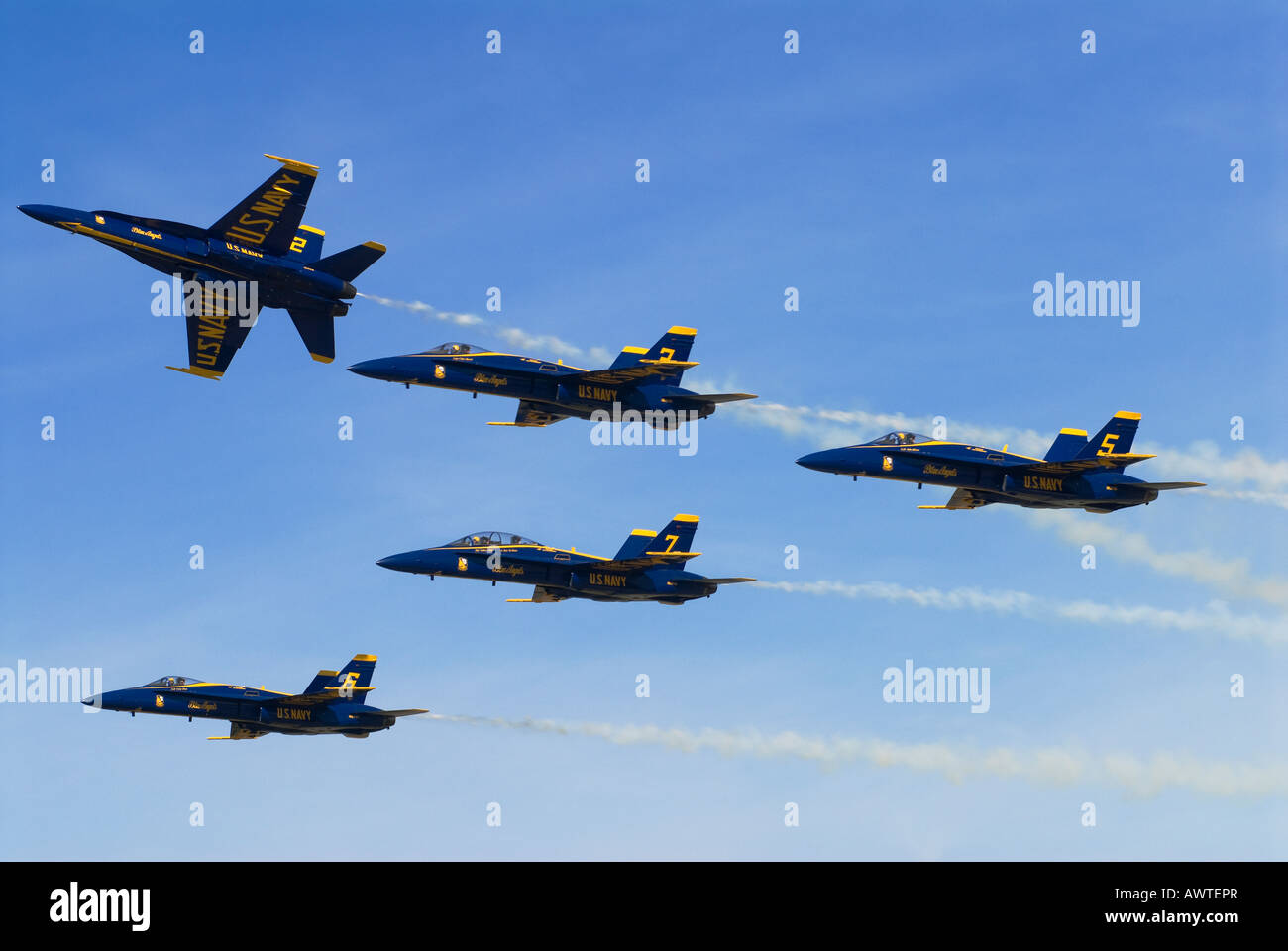 The U.S. Navy Blue Angel demonstration team flying F-18s in formation ...
