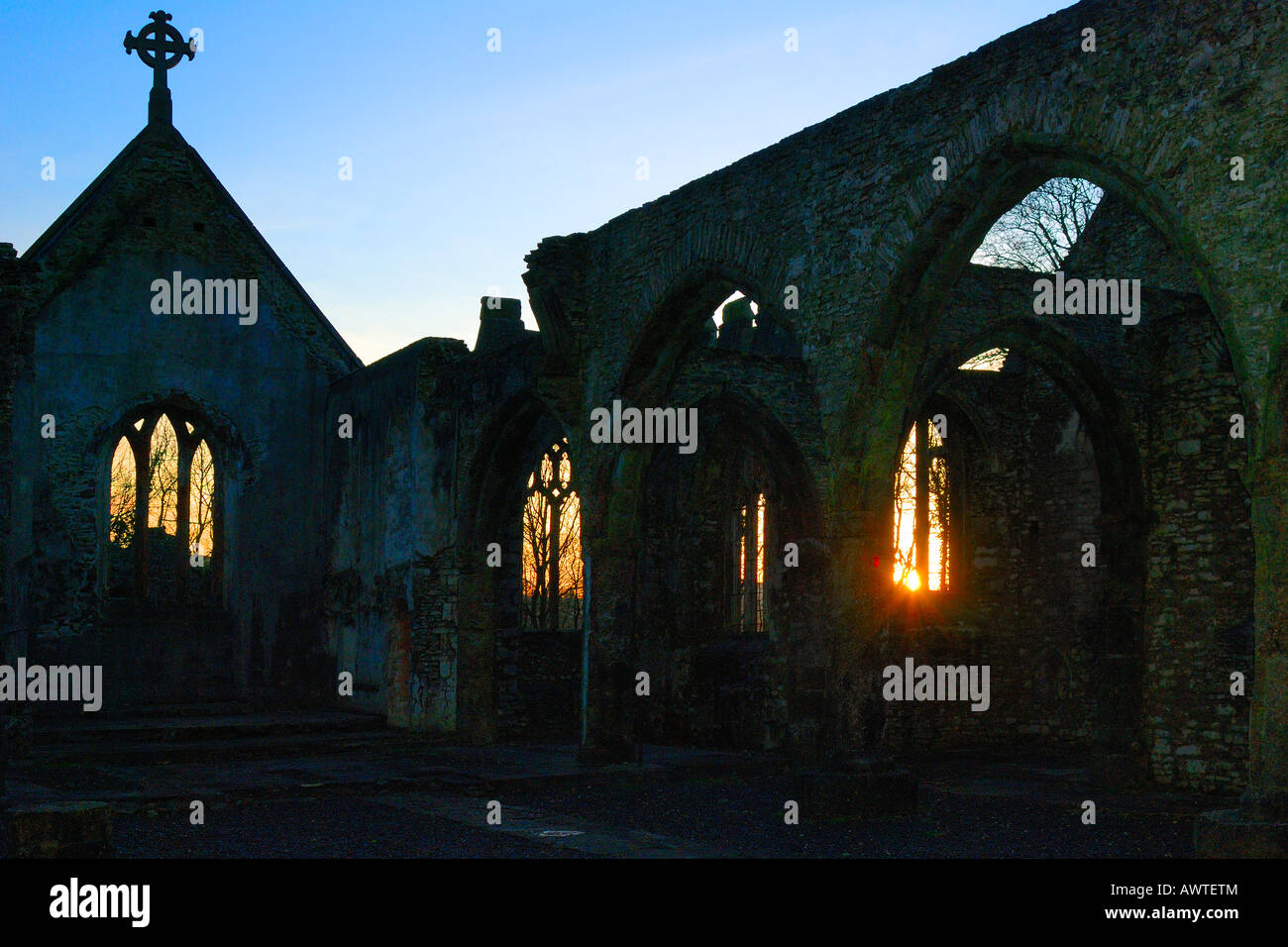 Interior of a burnt out church attacked by arsonists and left as a ruin ...