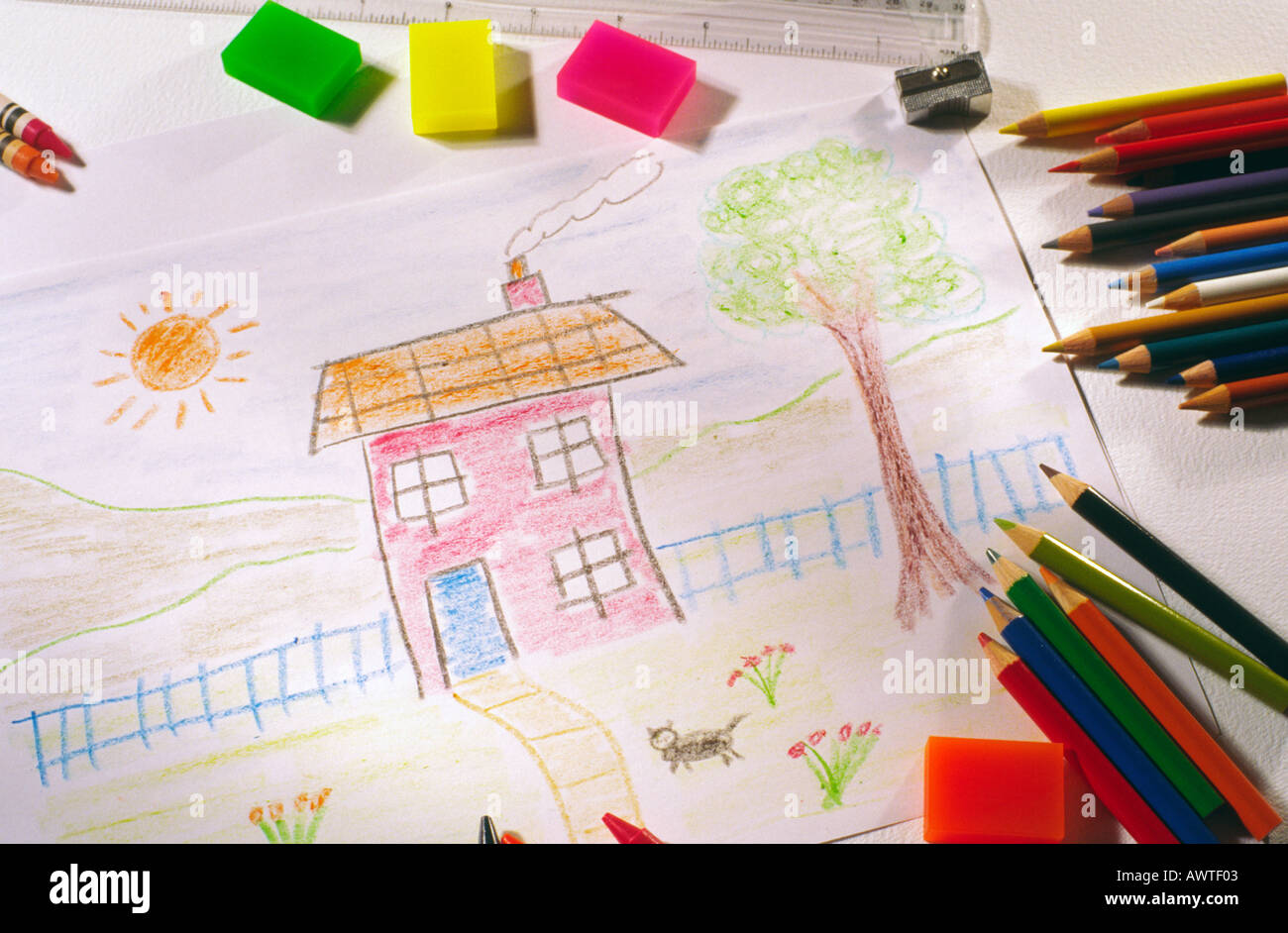 Childlike drawing of a house with coloured pencils and crayons Stock ...