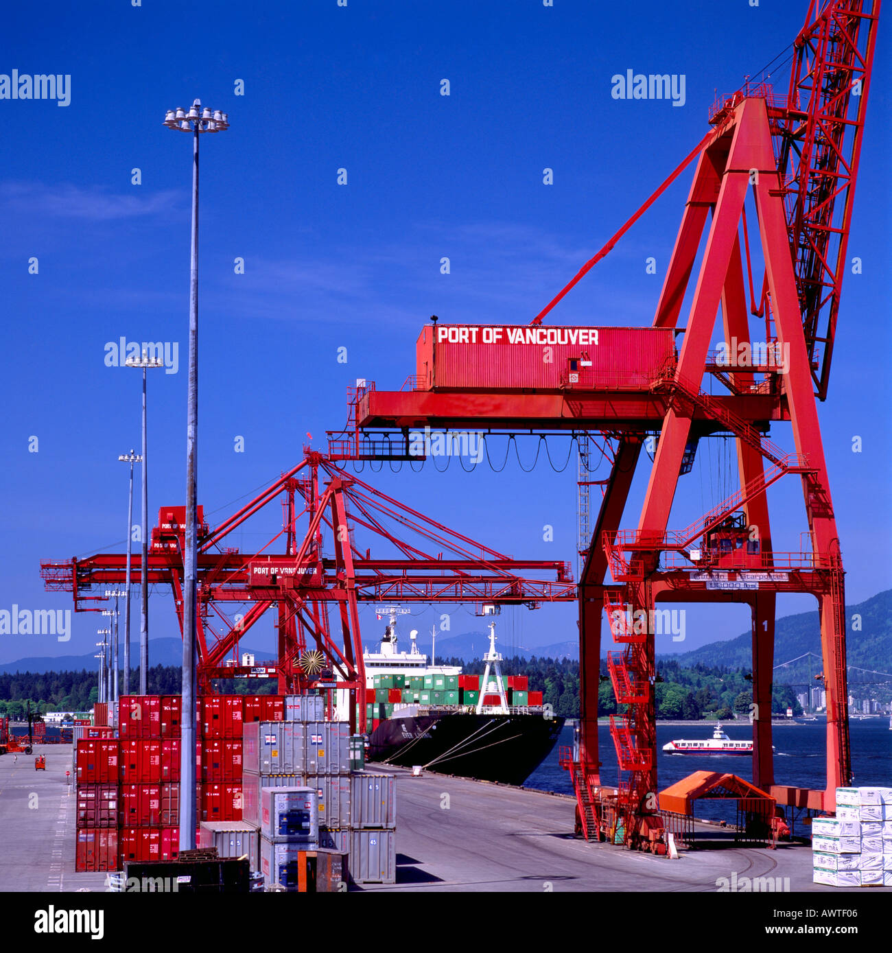 Freighter docked at Container Terminal at Vancouver Harbour Waterfront ...