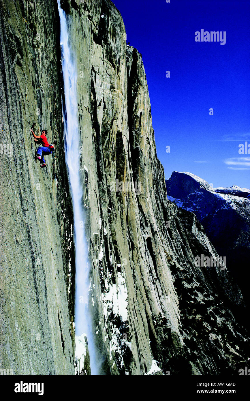 Ron Kauk free soloing next to Yosemite Falls Yosemite California United ...