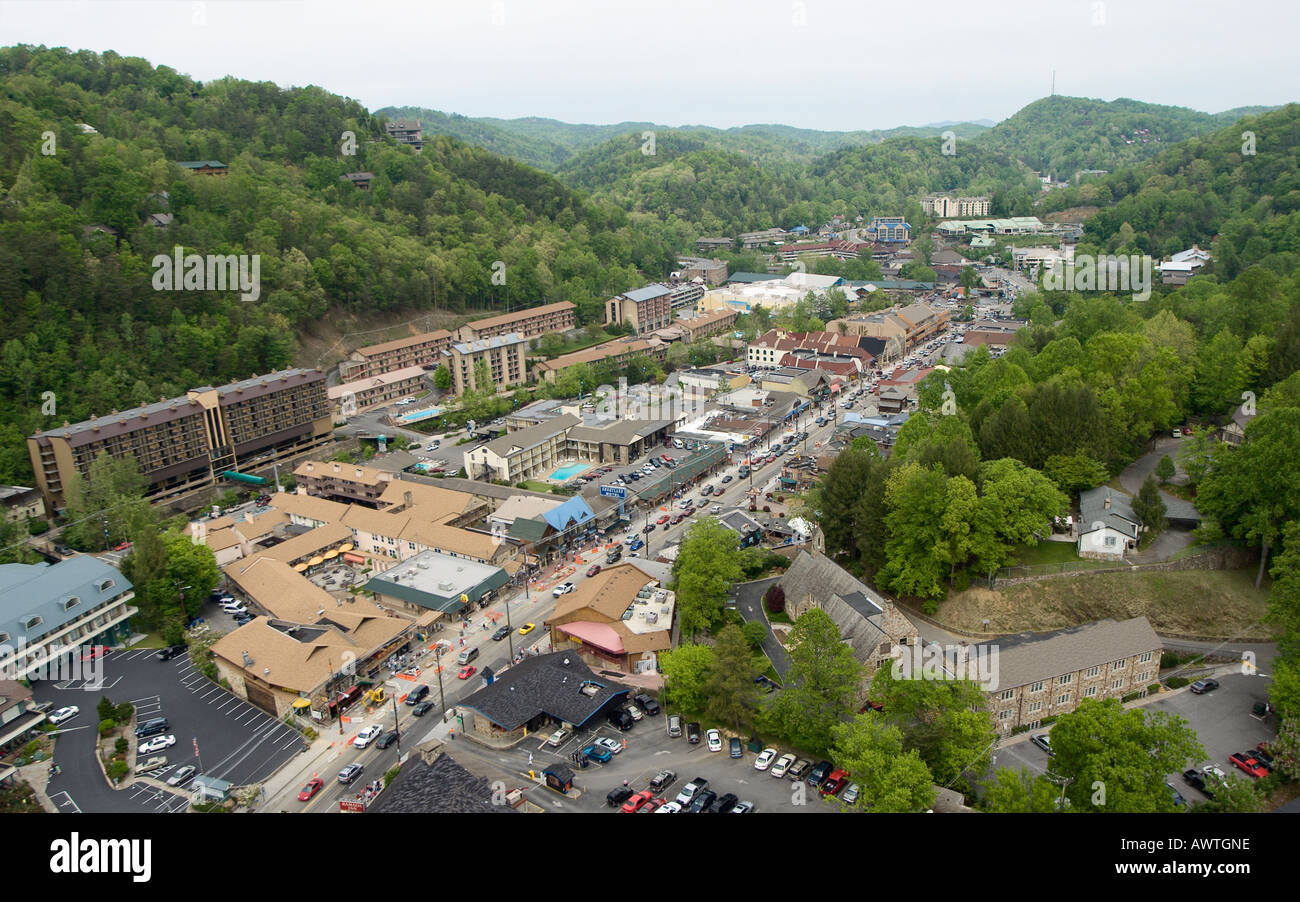 Aerial view of downtown Gatlinburg, Tennessee, USA looking south from ...