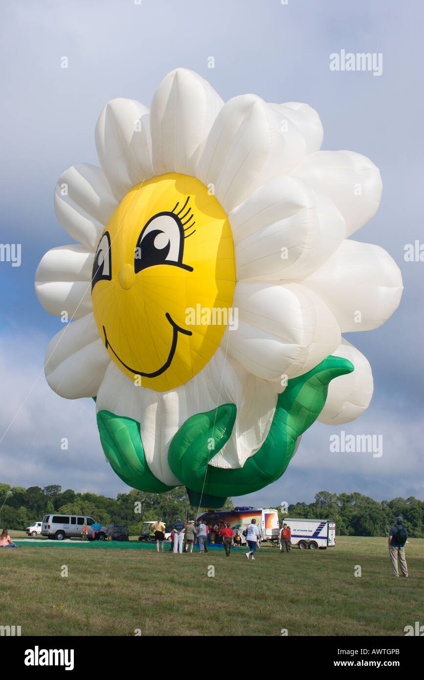 Hot air balloon in shape of a daisy prepares for lift off at balloon ...