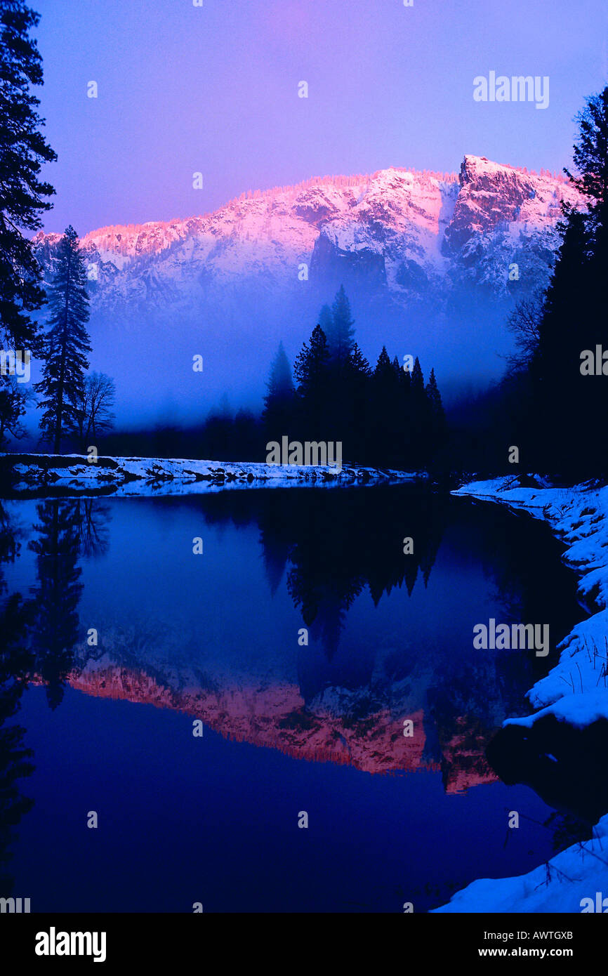 Winter sunset on Taft Point over the Merced River Yosemite California ...