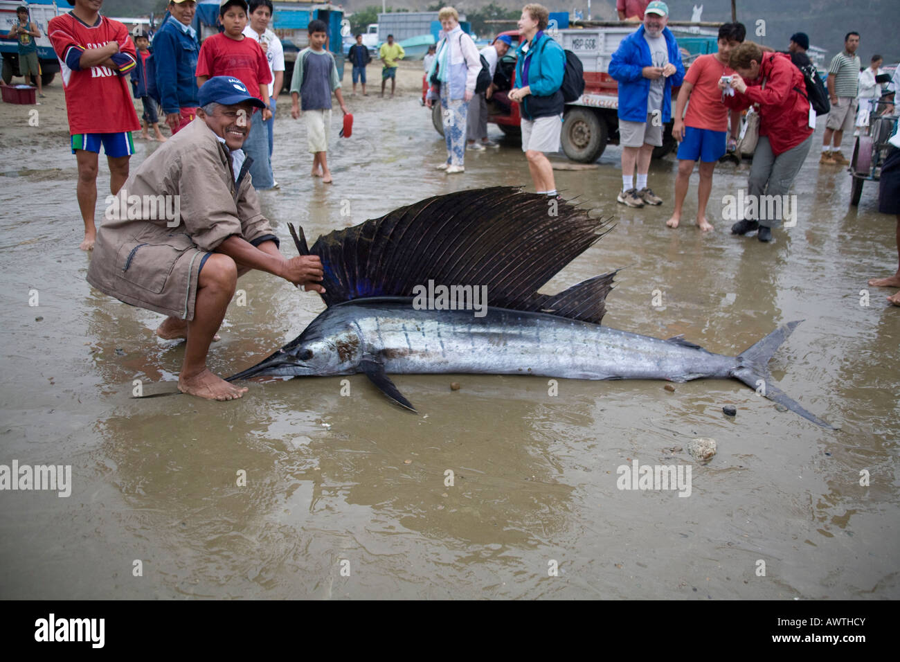 Fisherman with swordfish Puerto Lopez fishing Harbour Ecuador South ...