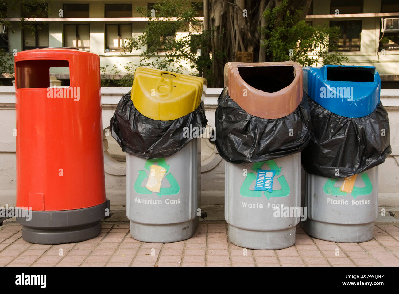 "Recycling bins and a gabage can in Hong Kong Stock Photo - Alamy