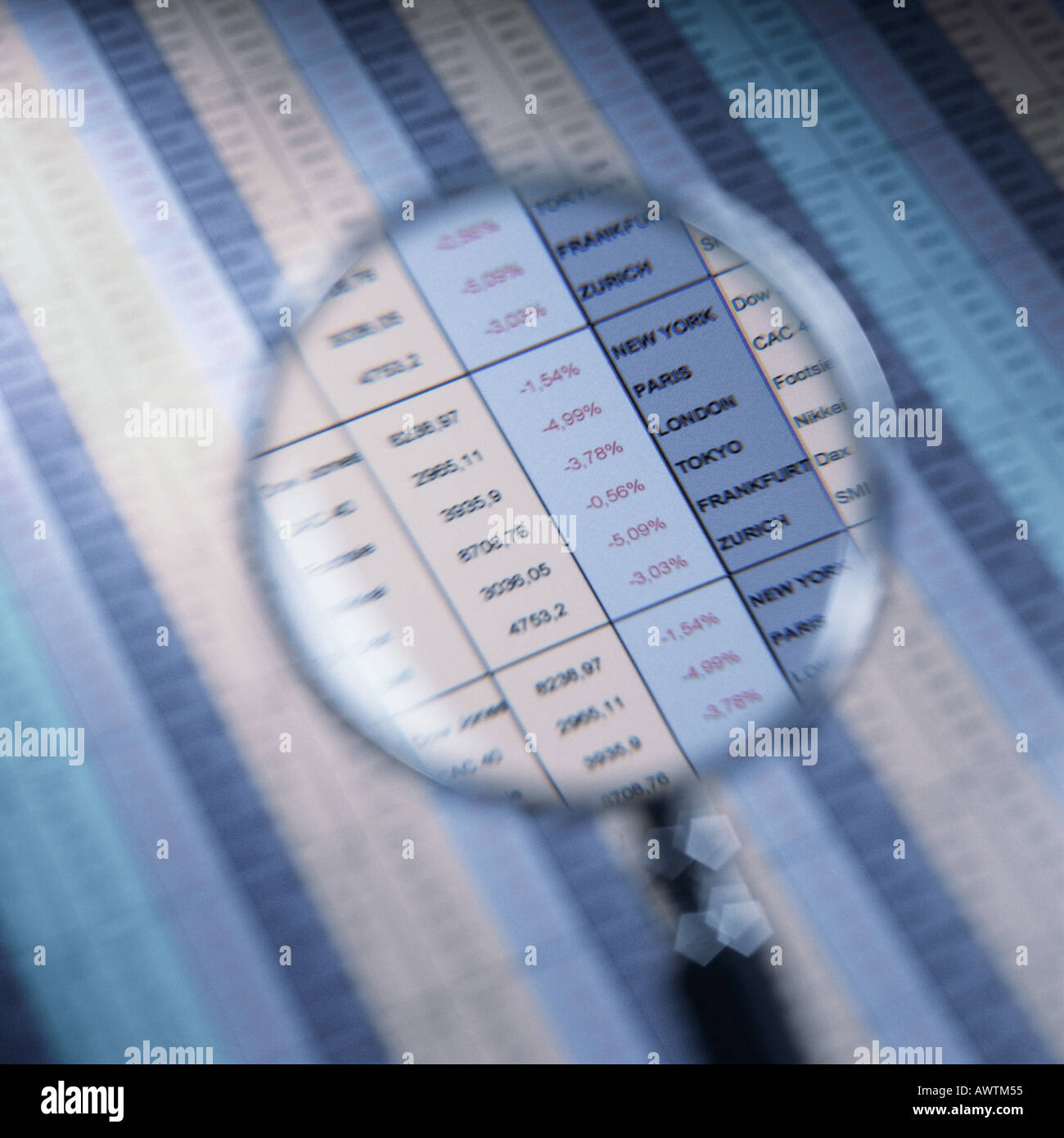 Magnifying glass over financial spreadsheet Stock Photo - Alamy