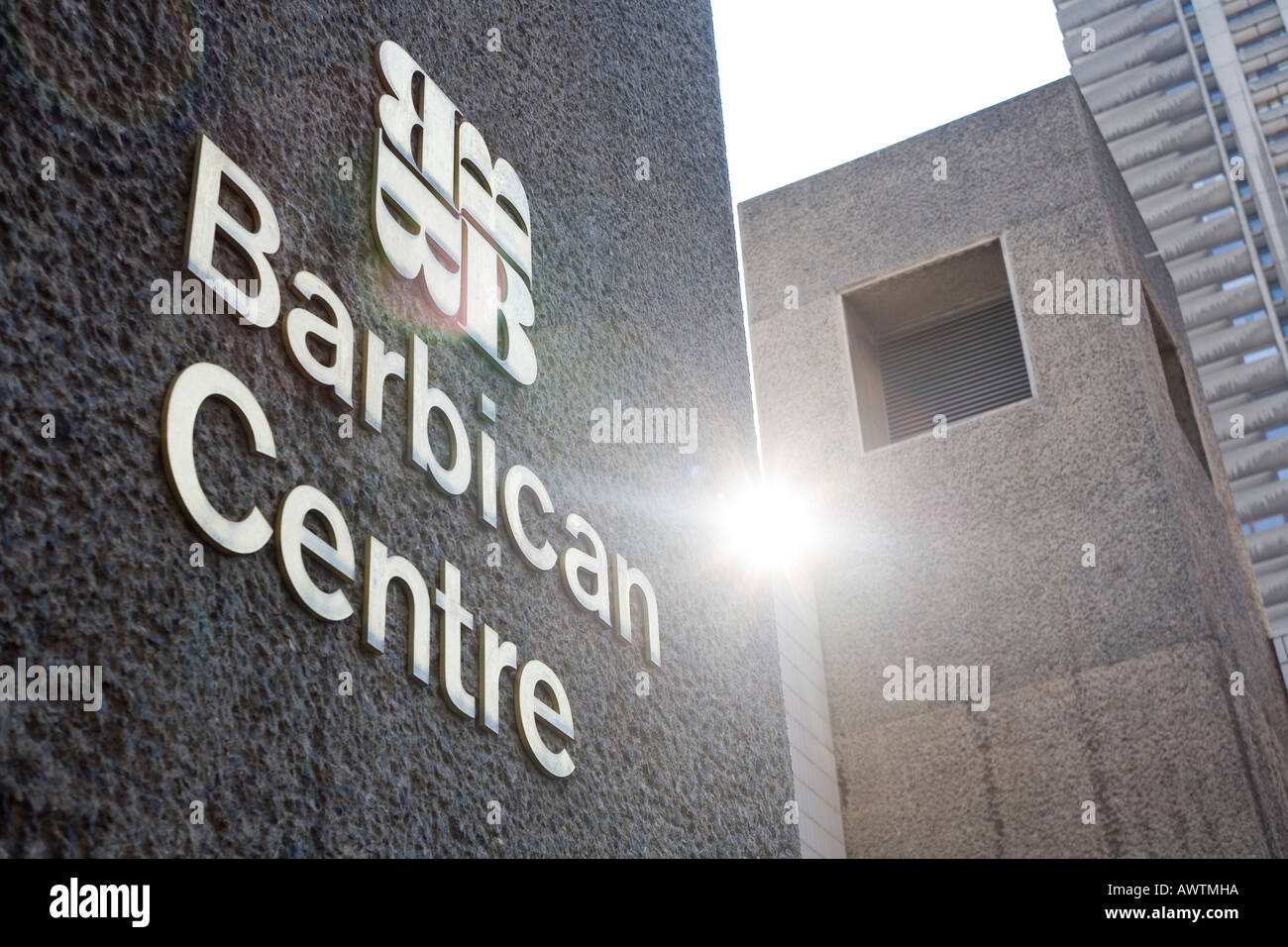 The Barbican Centre logo on a concrete wall with sun flare Stock Photo ...