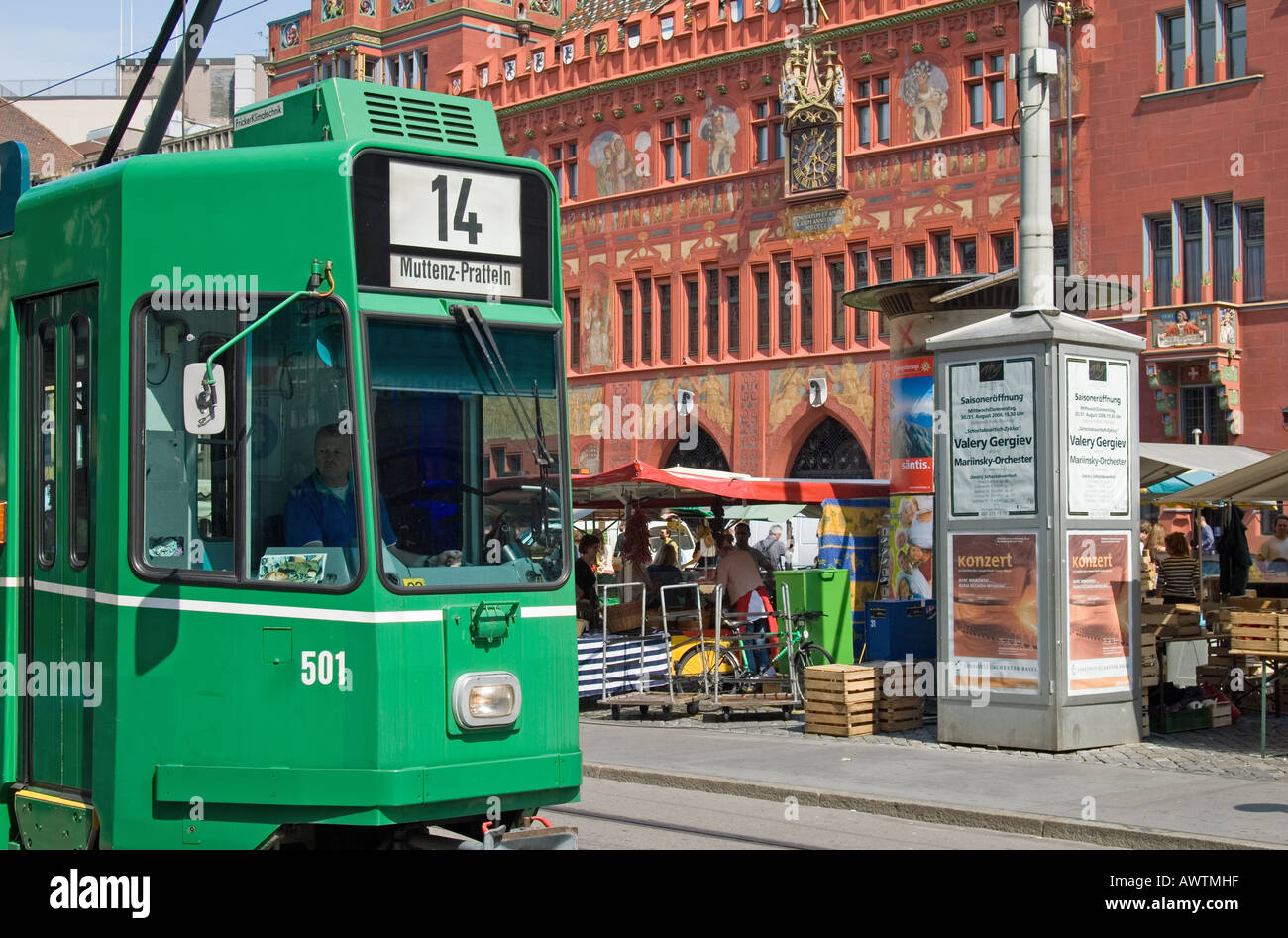Basel (Basle), Switzerland. No 14 Tram at stop in front of Town Hall ...