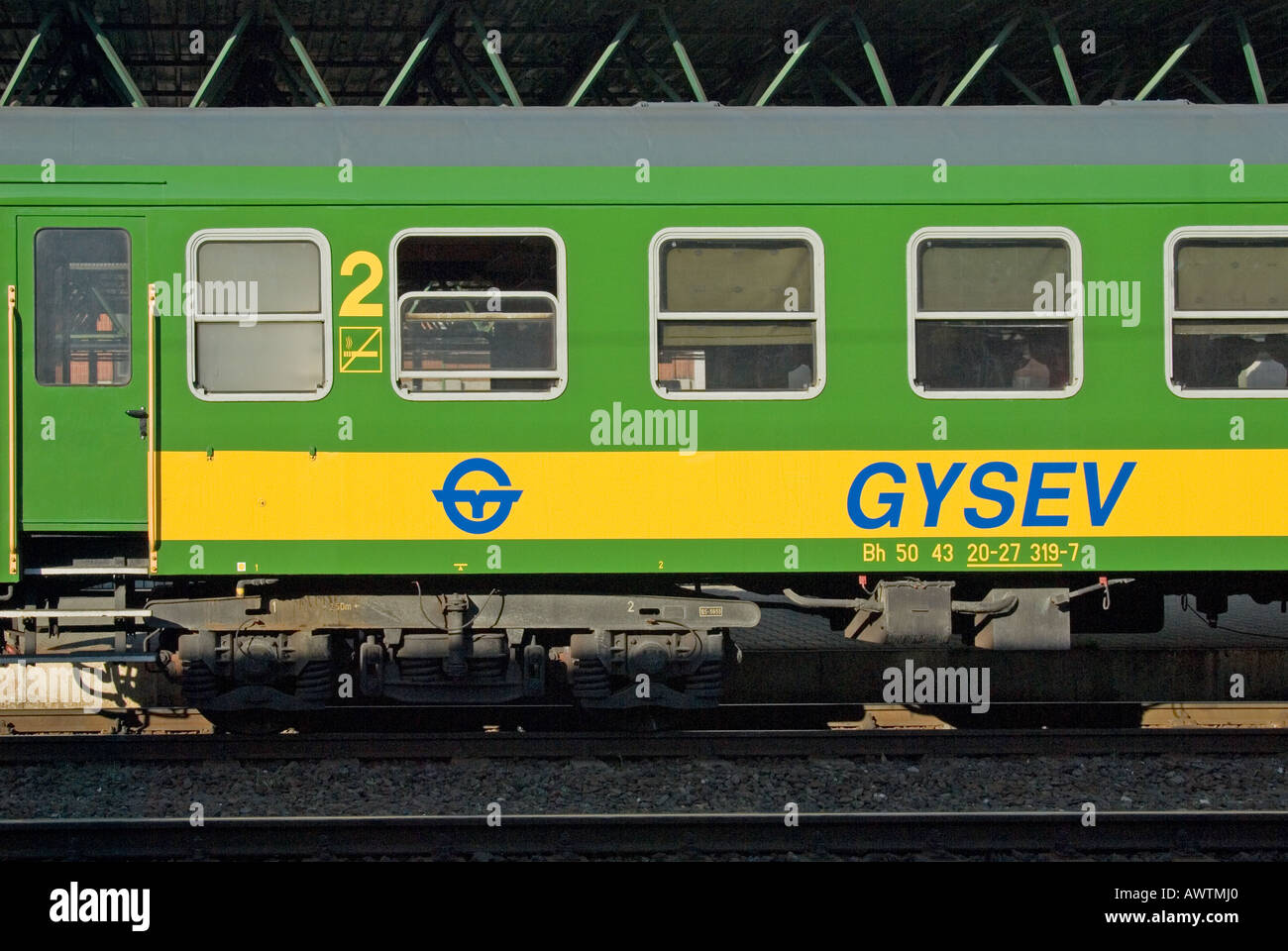 Sopron, W. Transdanubia, Hungary. Train carriage showing livery of the ...