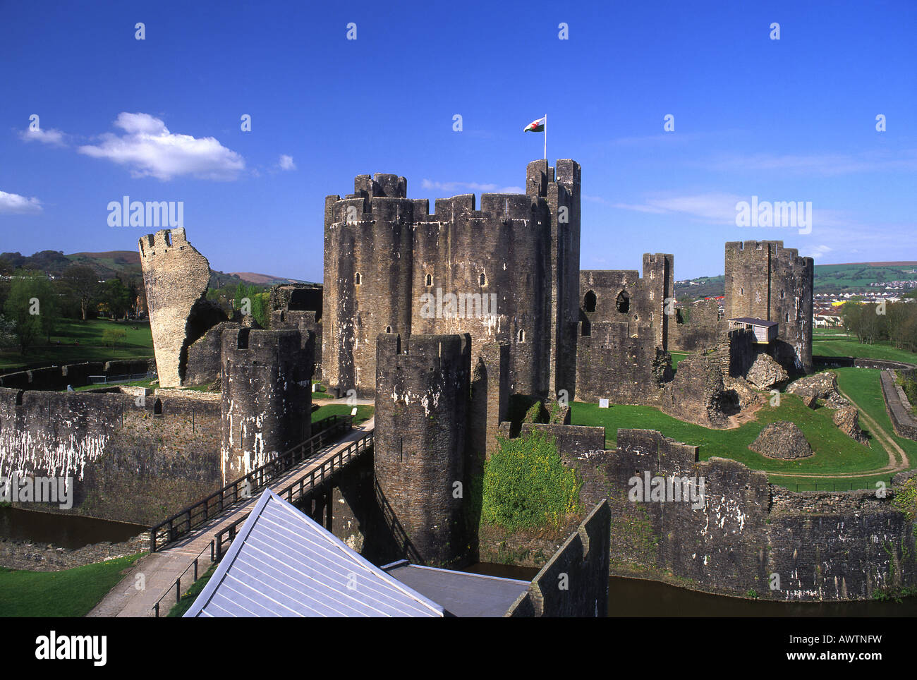 Caerphilly Castle inner ward from gatehouse tower showing new visitor ...