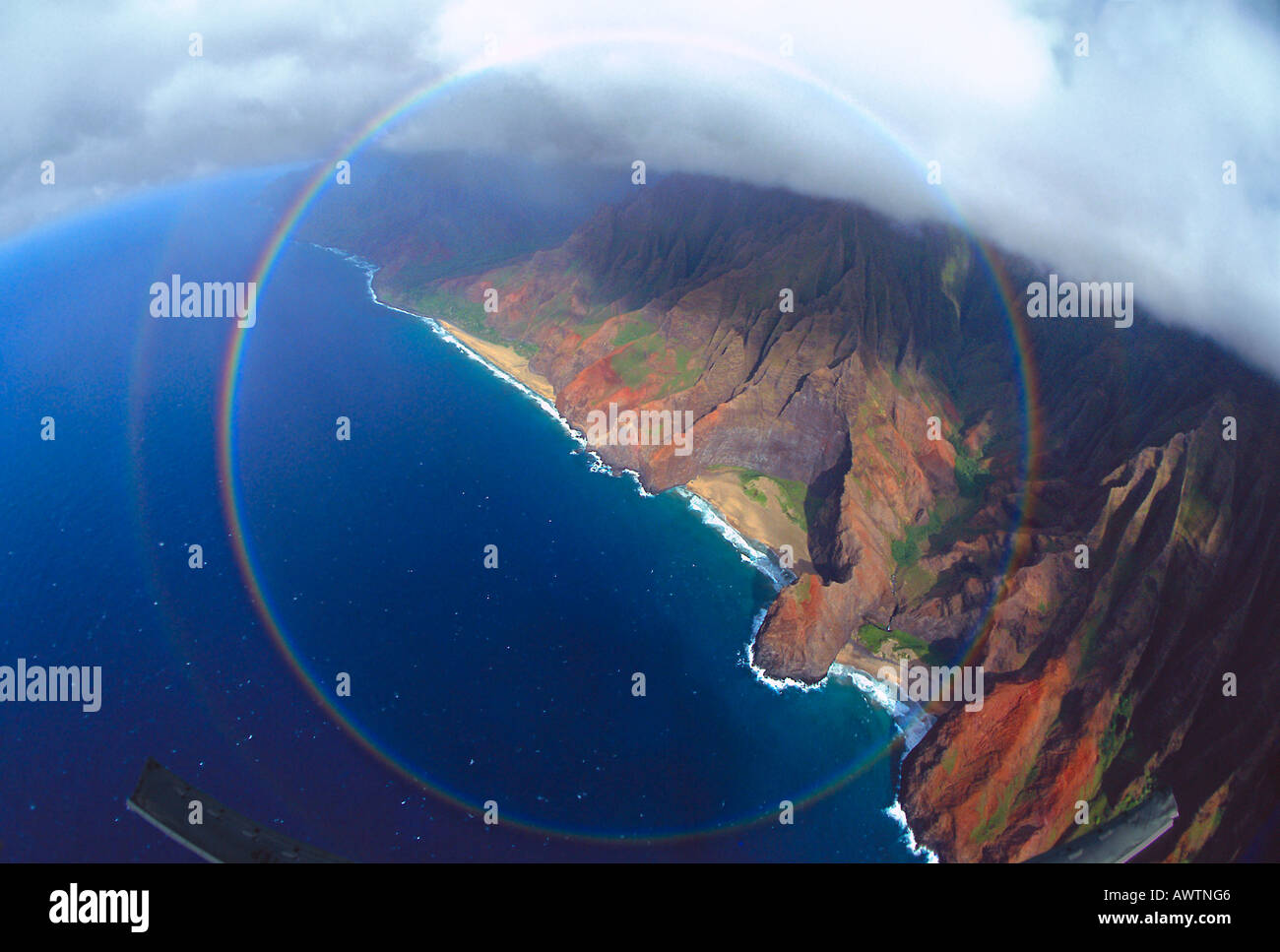Rare 360 degree rainbow over the wild Na Pali Coast Kauai Island ...