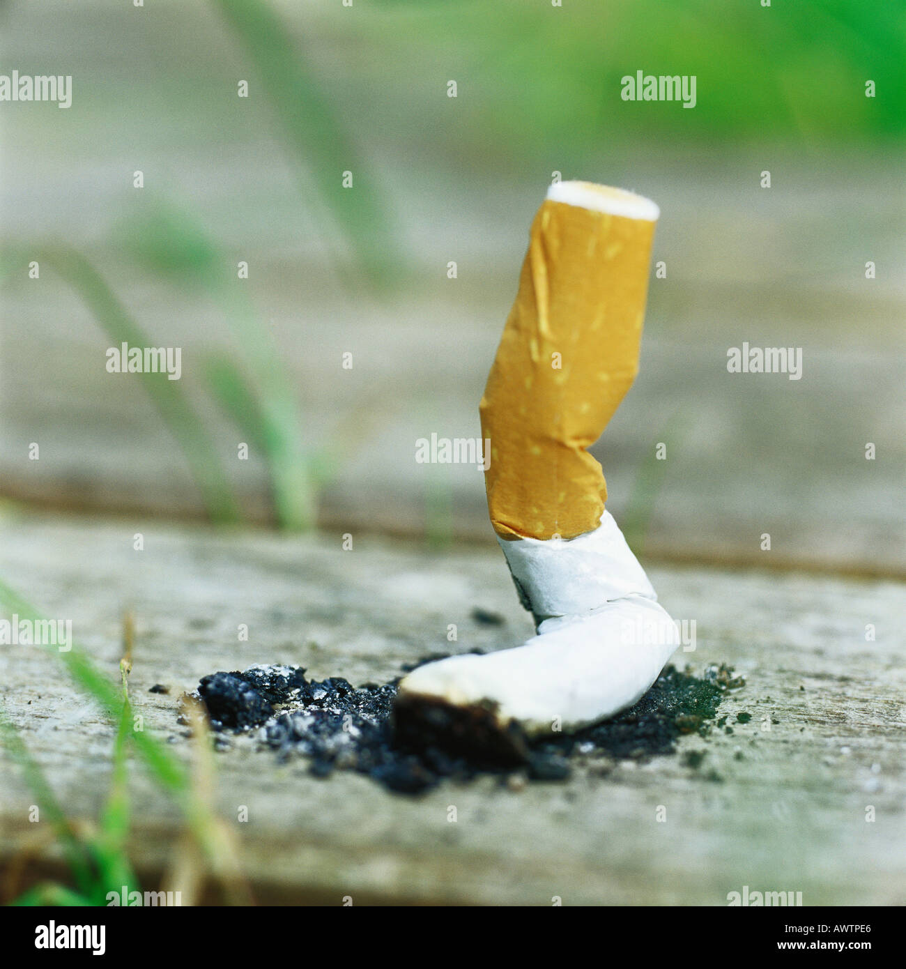 Snuffed out cigarette butt on wooden plank Stock Photo - Alamy
