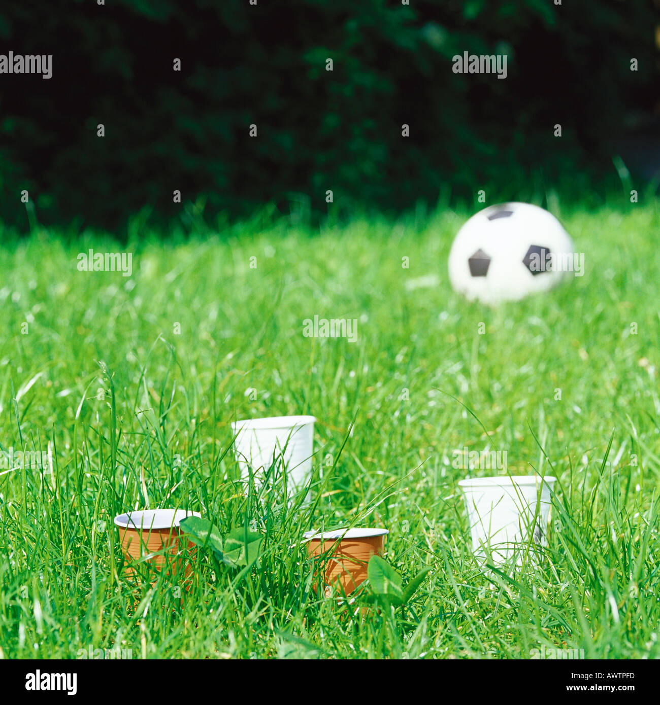 Paper cups in grass, soccer ball in background Stock Photo - Alamy