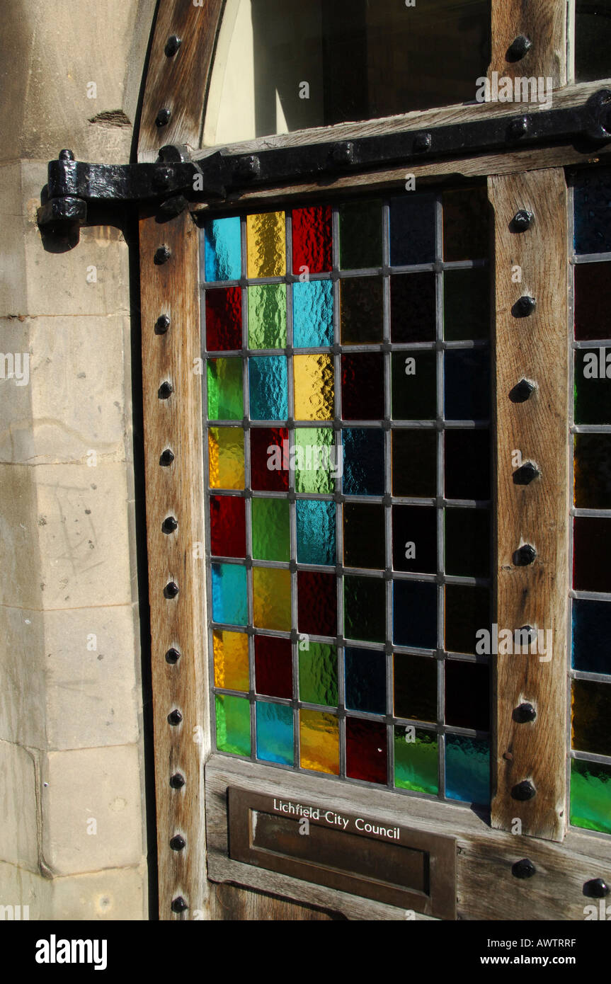 Detail of stained glass door, The Guildhall, Bore Street, Lichfield ...