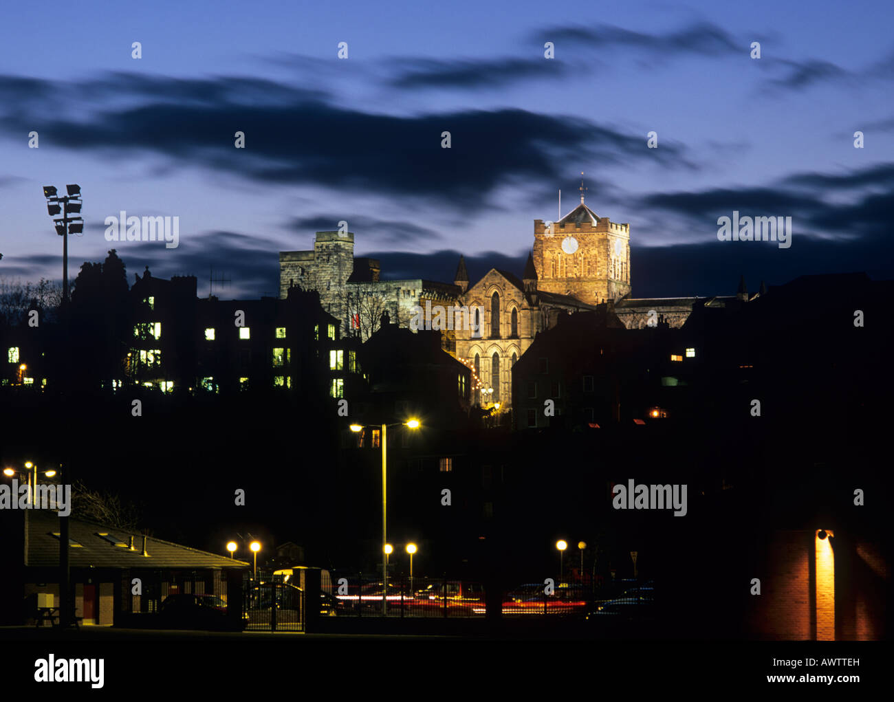 Hexham Abbey and Gaol illuminated at night Stock Photo - Alamy