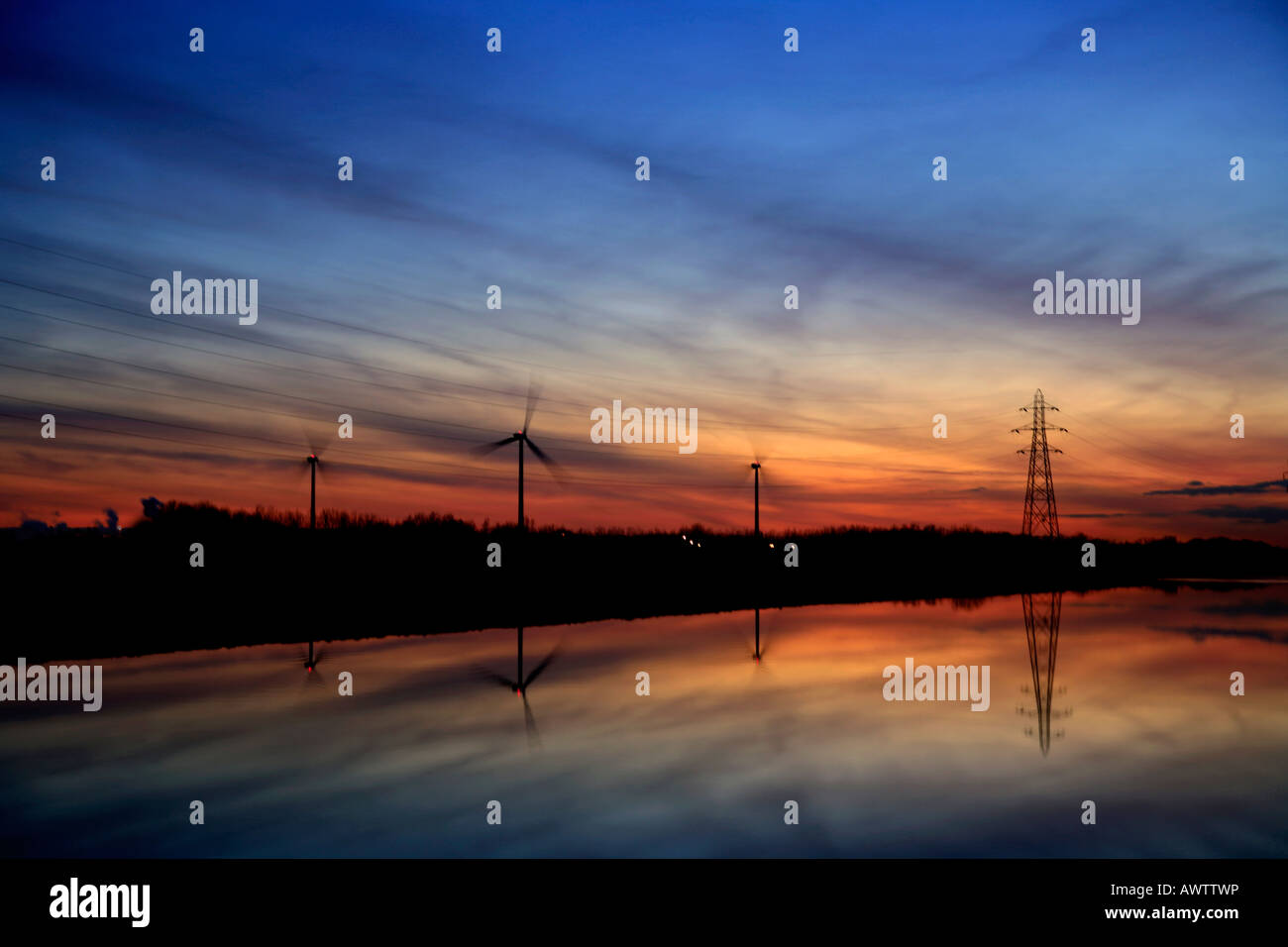 Sunset over Wind Turbines Cambridgeshire England Britain UK Stock Photo ...