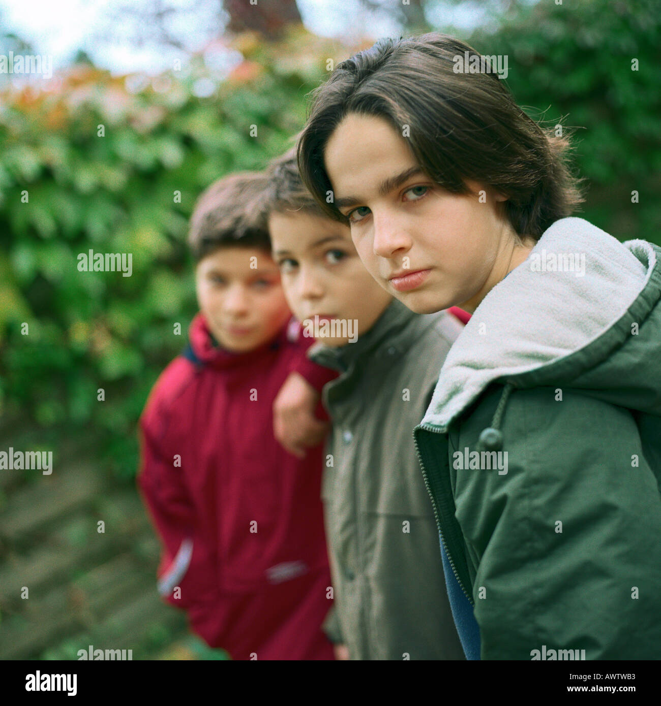 Three boys looking into camera, outside Stock Photo - Alamy