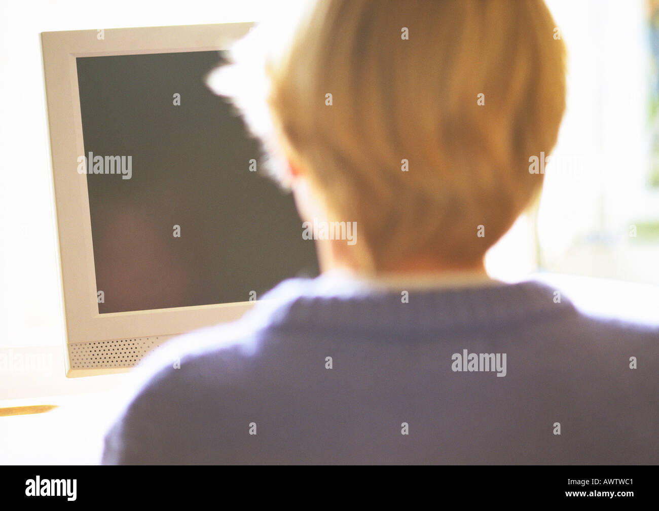 Young boy sitting at computer monitor, rear view Stock Photo - Alamy