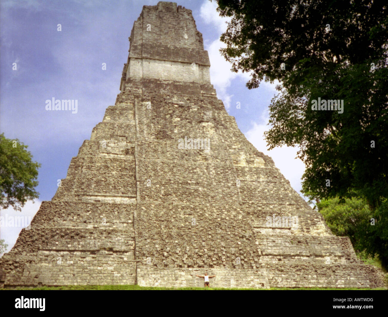 Panoramic view imposing Maya stone pyramid man standing Guatemala ...