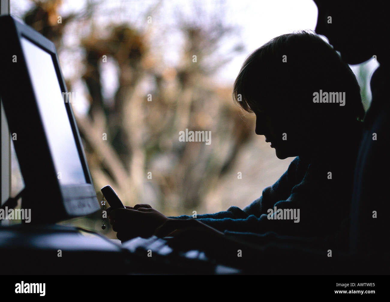 Children using computer, silhouette Stock Photo - Alamy
