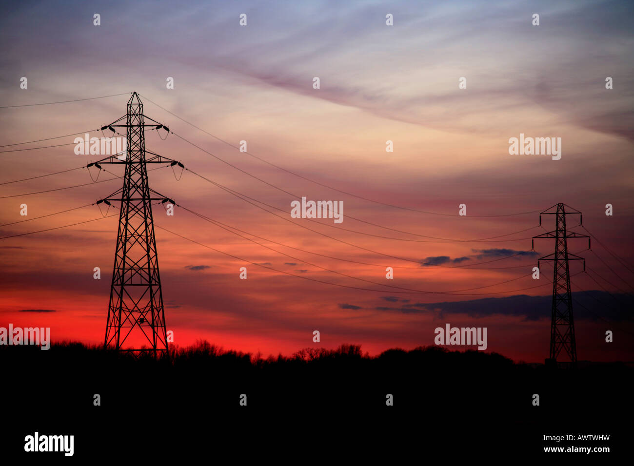 Sunset over Electricity Distribution Pylons Cambridgeshire England ...