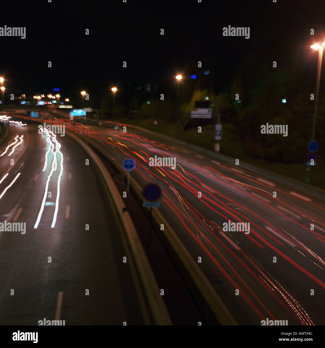 Freeway at night with light trails, elevated view, long exposure Stock ...