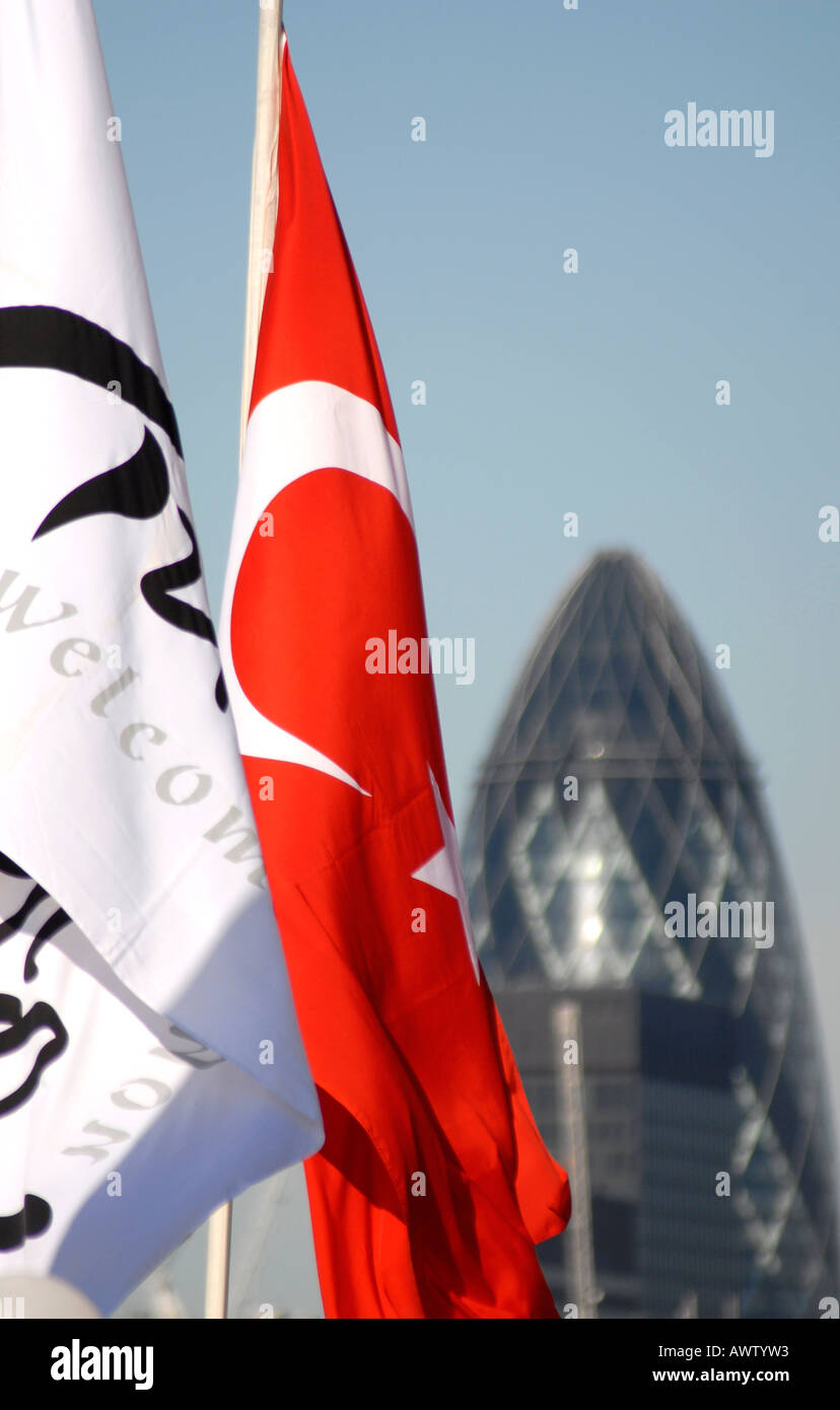 The Gherkin and Turkish flags flying at a Turkish Festival event on the ...