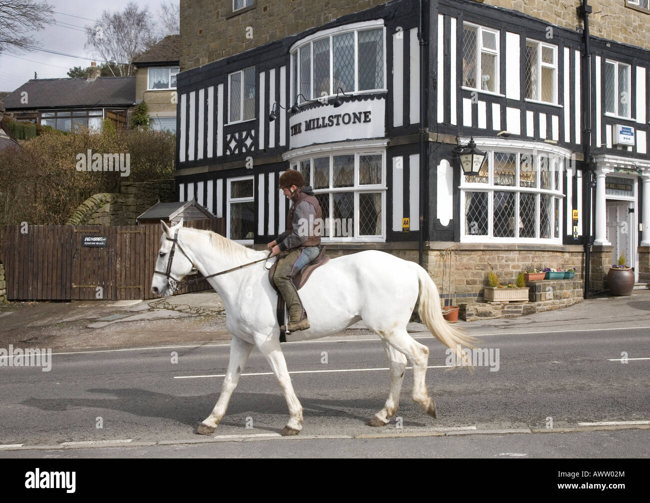 Riding a White Horse; mounted female horse leisure rider in Hathersage ...