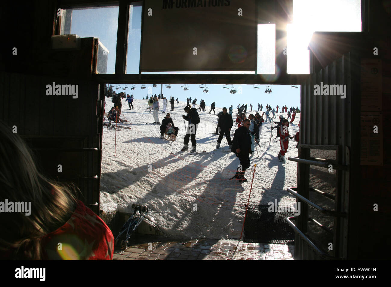 The exit from a ski lift in Morzne, the French Alps Stock Photo - Alamy
