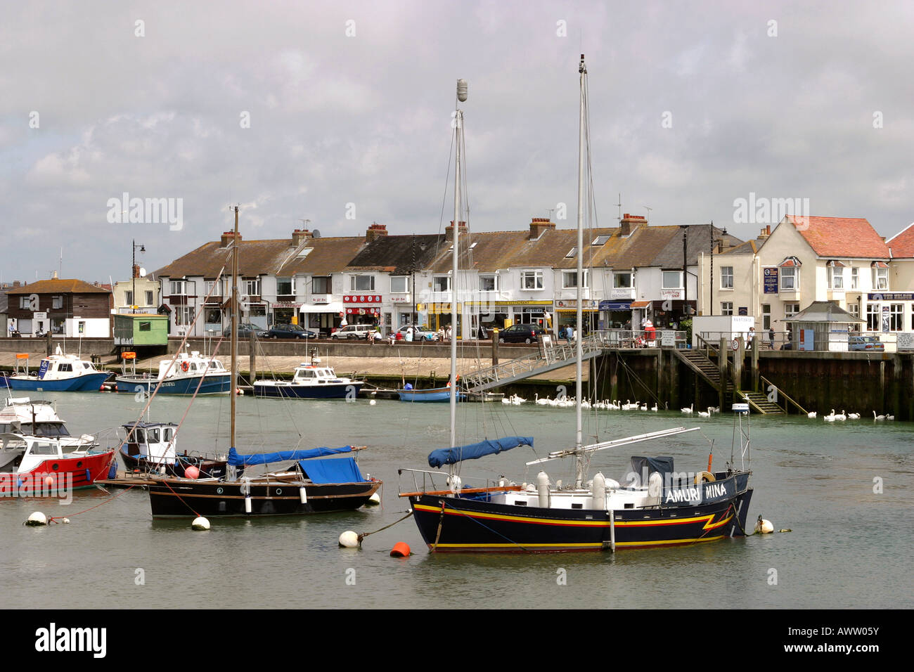 UK West Sussex Littlehampton boats moored on River Arun at high tide ...