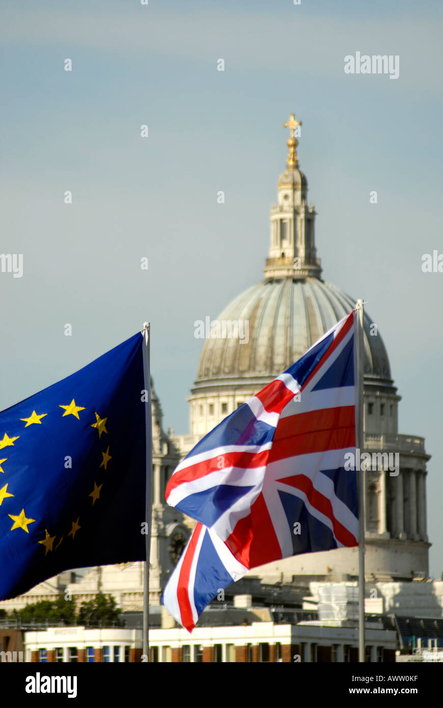 The European Community and Union Jack flags flying with St Paul's ...