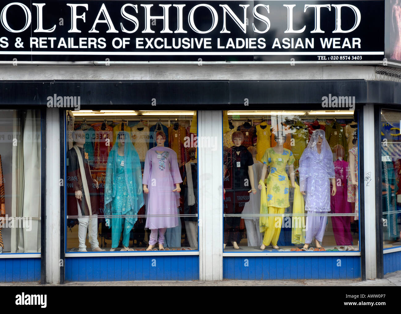 Street scene and saris in a window display in Southall Middlesex Stock ...