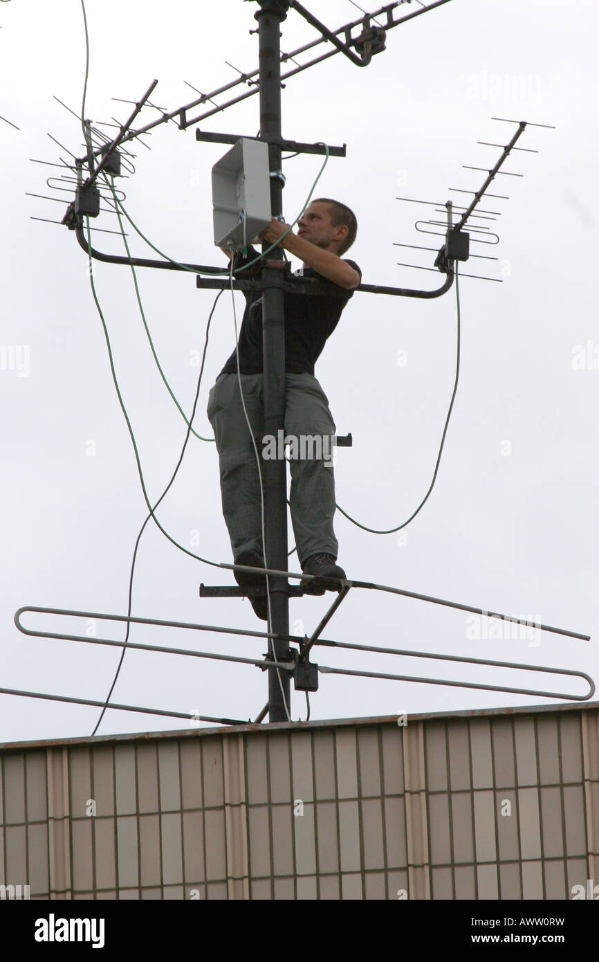 "Aerial rigger on a public building at Petrzalka, Bratislava, Slovakia ...