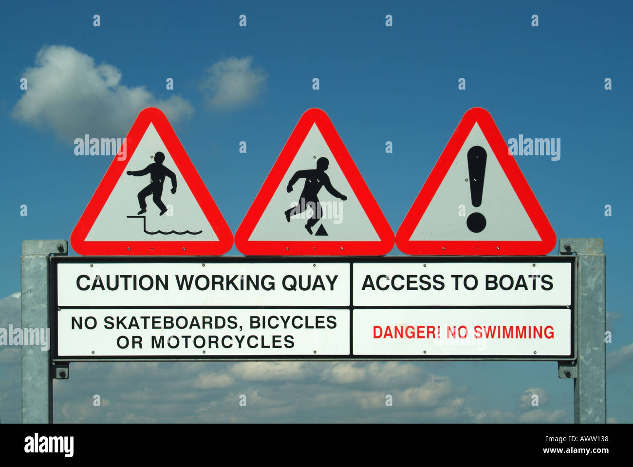 Gantry signs over waterside working quay warning of hazards Stock Photo ...