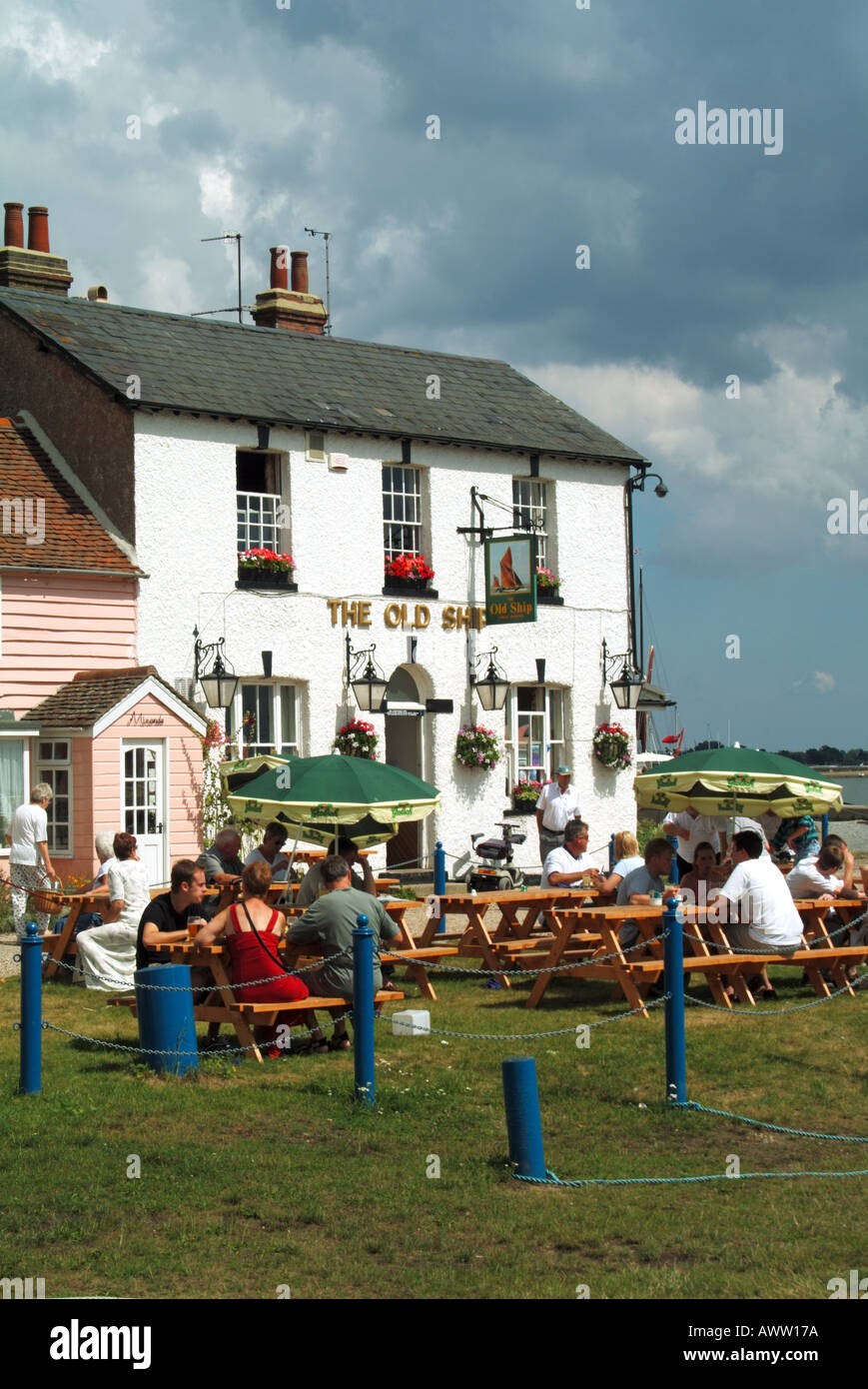 Heybridge Basin The Old Ship Inn beside River Blackwater people at ...