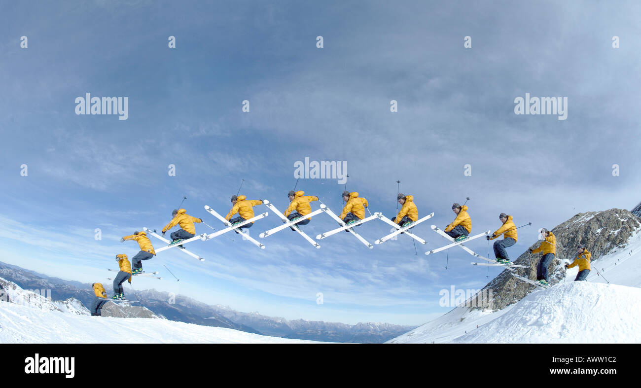 Skier performing jump, side view Stock Photo - Alamy