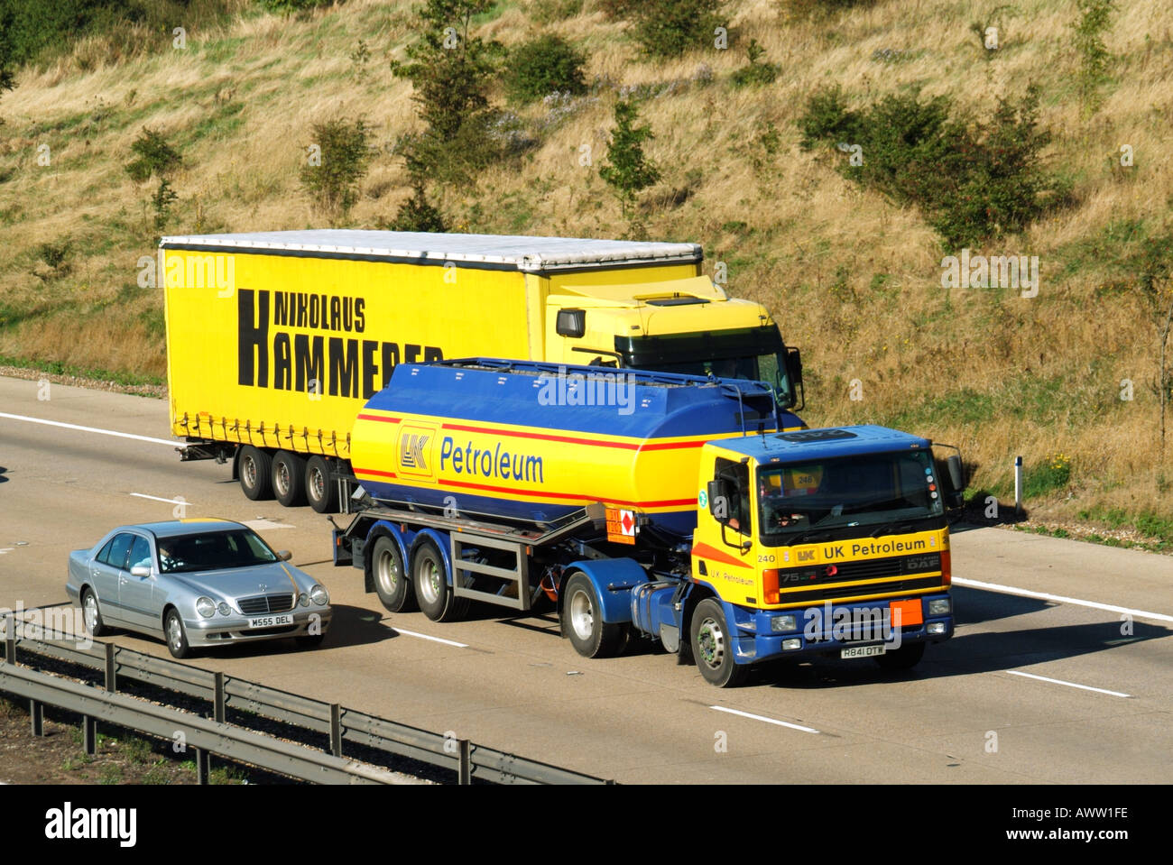 M25 motorway illustration of three lane overtaking by lorry and car on ...