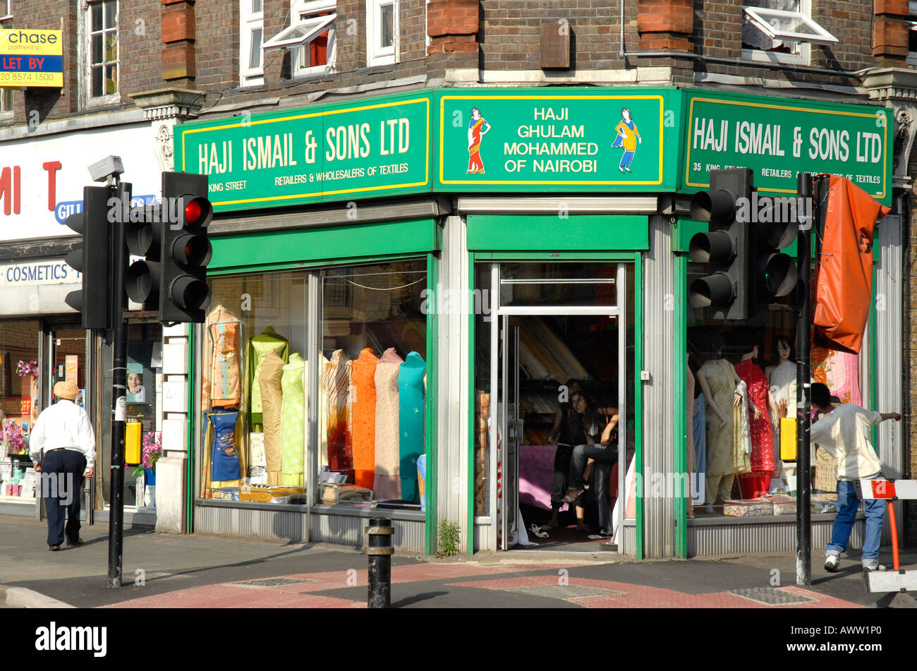 Street scene and saris in a window display in Southall Middlesex Stock ...