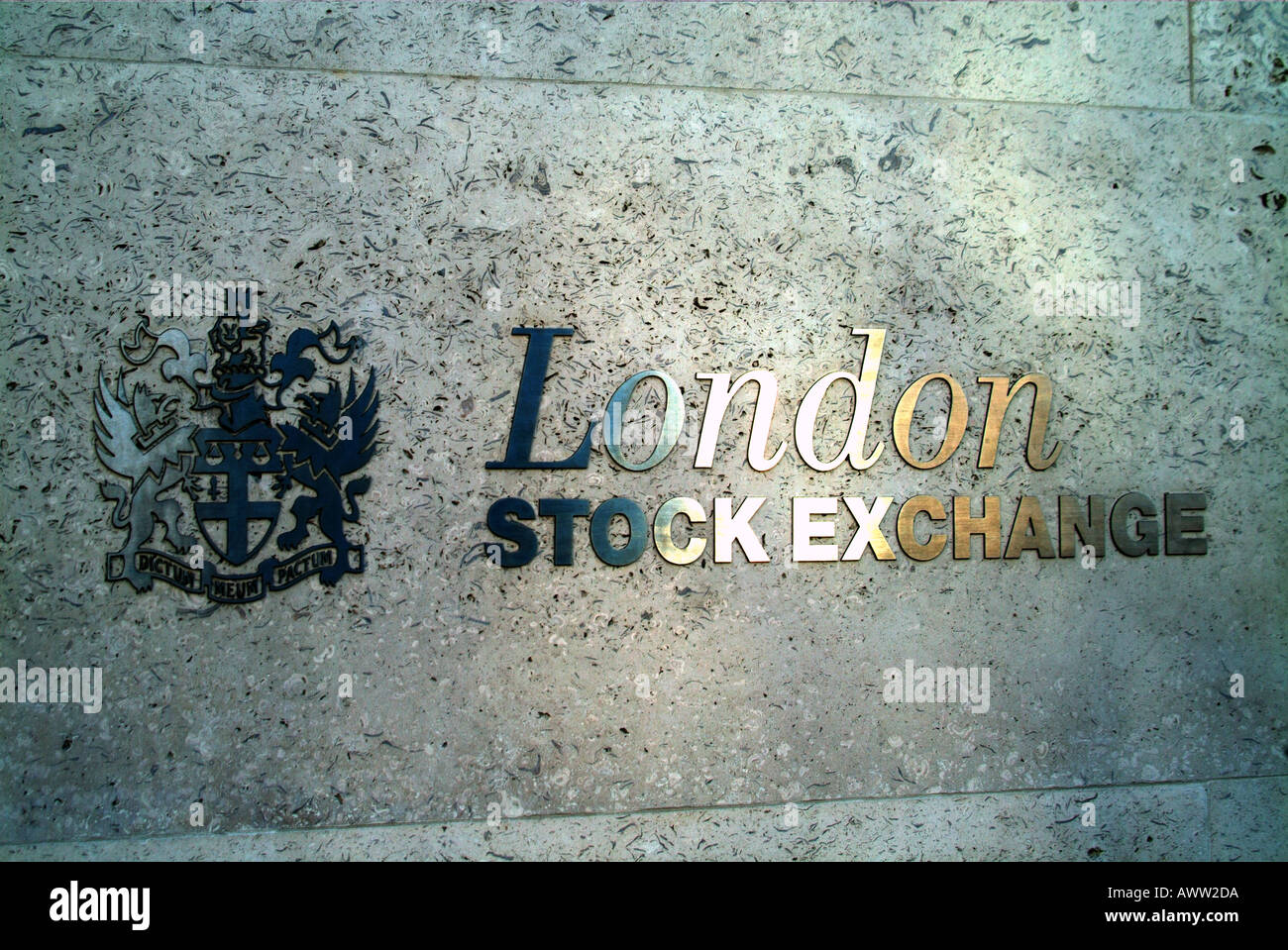 London Stock Exchange sign and crest outside relocated offices in part ...