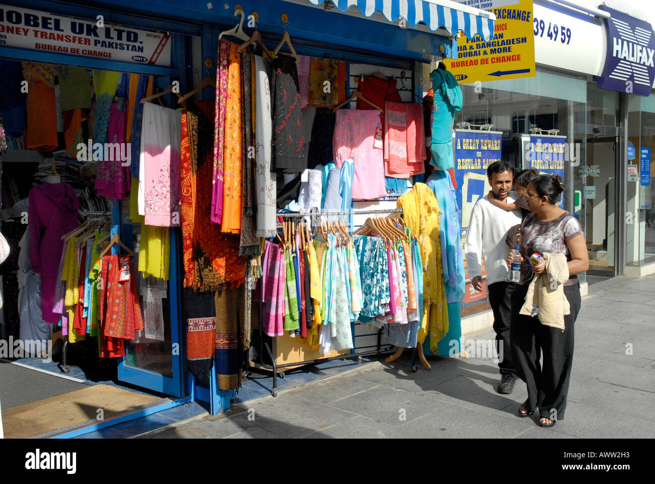 Street scene and saris in a window display in Southall Middlesex Stock ...